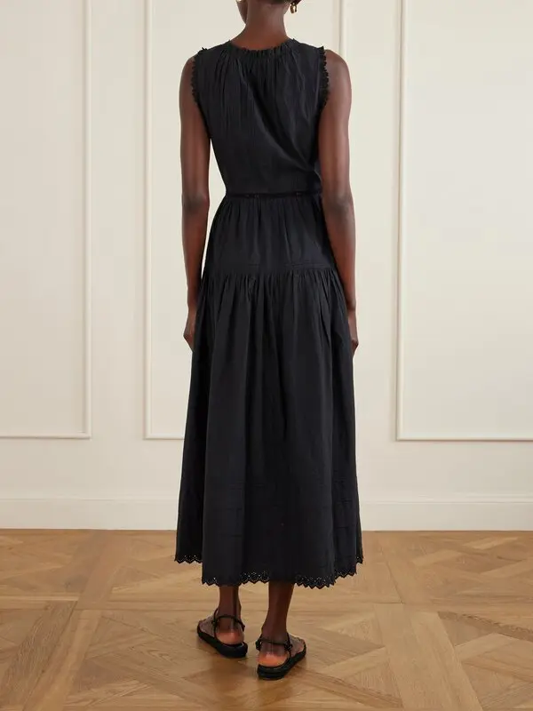 DÔEN Hortense Pintucked Embroidered Organic Cotton Midi Dress - Black