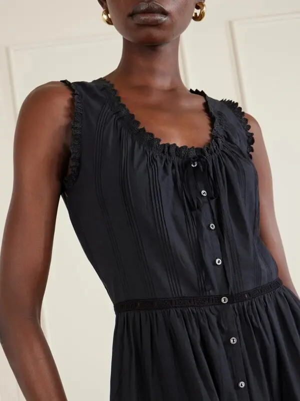DÔEN Hortense Pintucked Embroidered Organic Cotton Midi Dress - Black