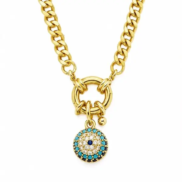 BY OZGE Gold / Blue / White Celestial Evil Eye Cuban Chain Toggle Gold Plated Necklace Gold