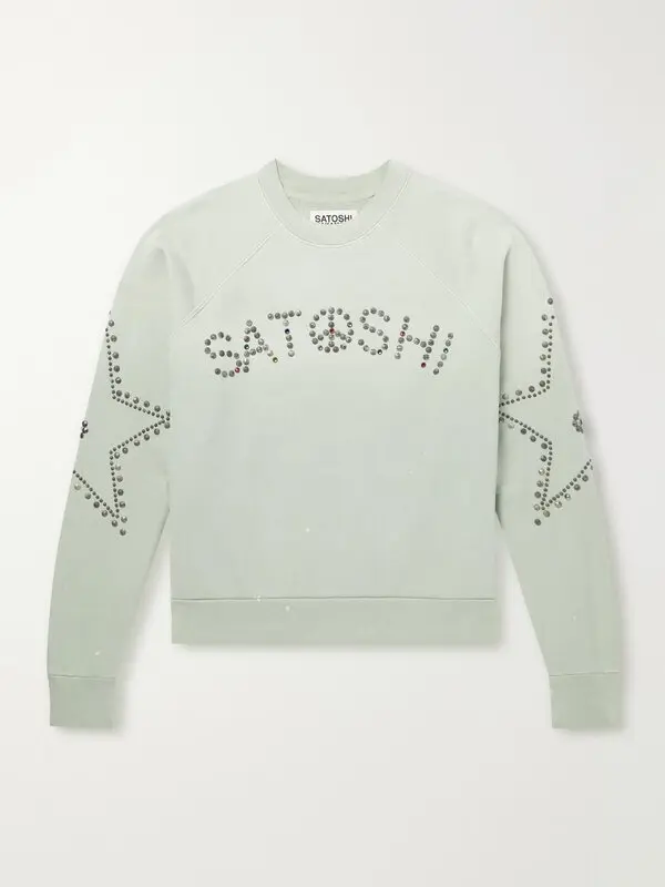 SATOSHI NAKAMOTO Distressed Studded Cotton-jersey Sweatshirt