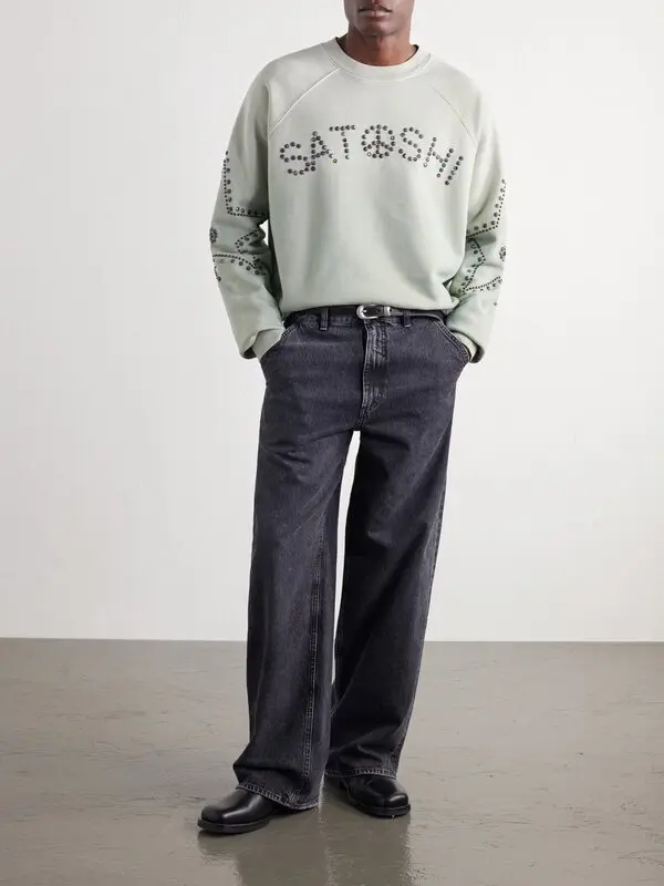 SATOSHI NAKAMOTO Distressed Studded Cotton-jersey Sweatshirt