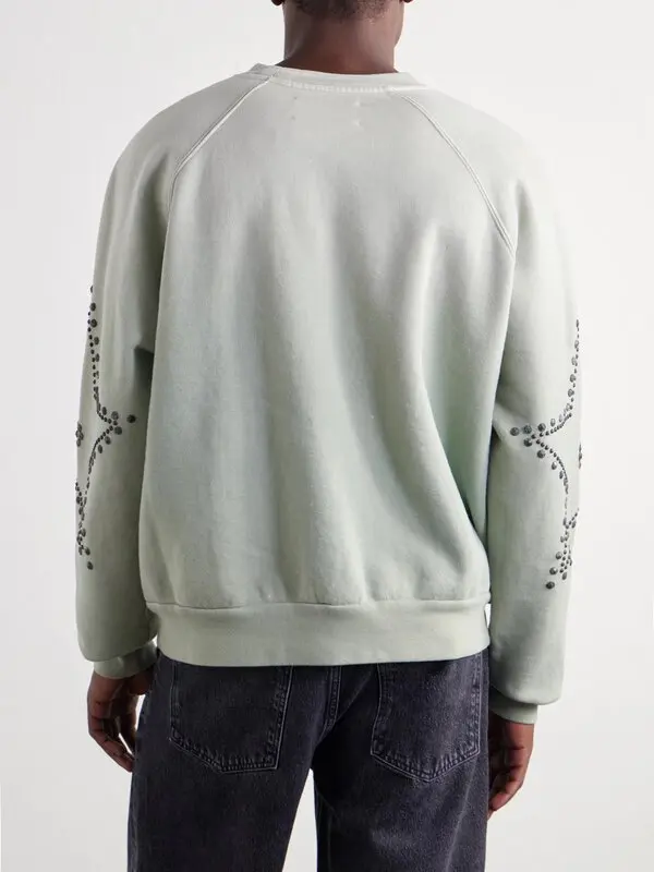 SATOSHI NAKAMOTO Distressed Studded Cotton-jersey Sweatshirt