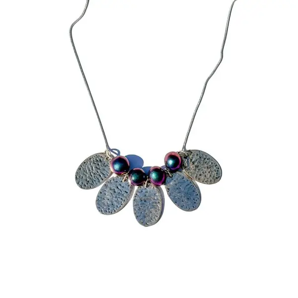 BABALOO JEWELRY Silver Petal Fan Necklace With Iridescent Beads - Blue/silver