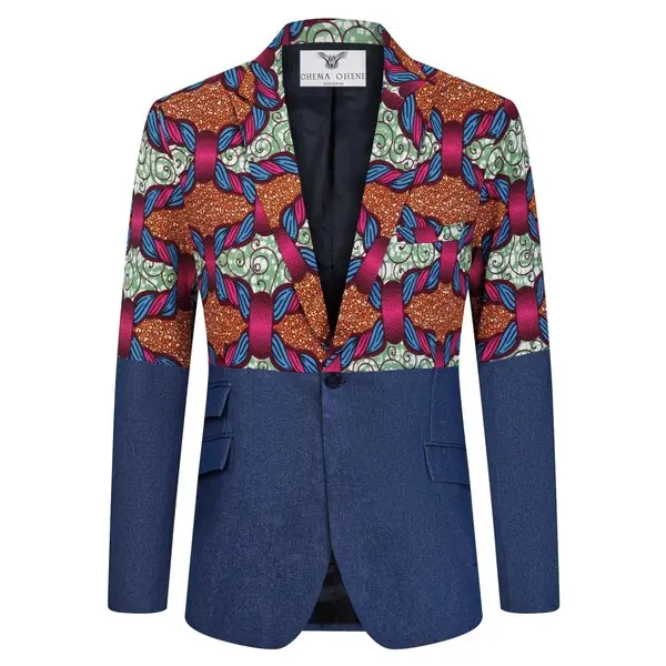 OHEMA OHENE Denim & African Print Cotton Blazer – Split Panel
