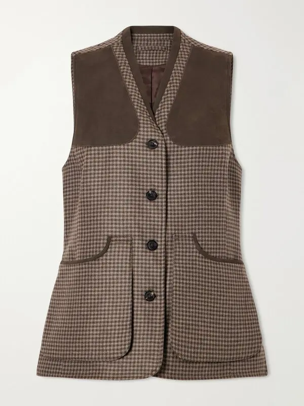 Purdey Checked Wool And Cashmere-blend Tweed Vest With Suede Trim