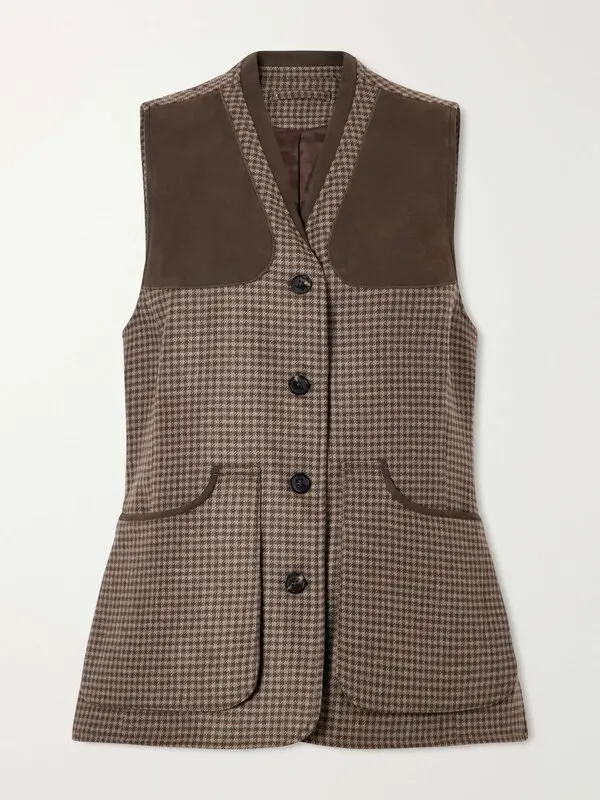 Purdey Checked Wool And Cashmere-blend Tweed Vest With Suede Trim