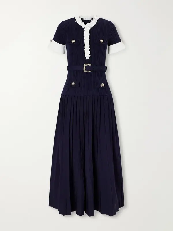 SELF-PORTRAIT Ribbed Midi Dress With Floral Appliqué And Belt - Blue