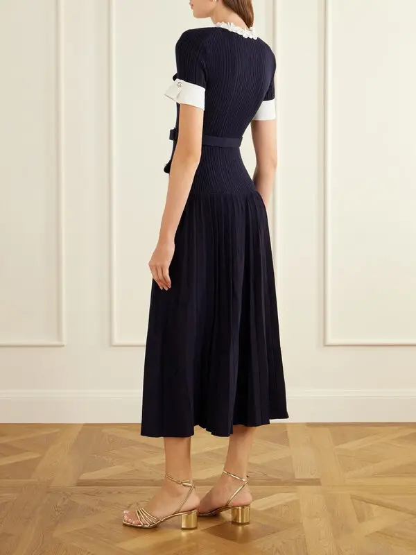 SELF-PORTRAIT Ribbed Midi Dress With Floral Appliqué And Belt