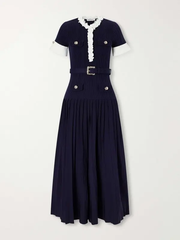 SELF-PORTRAIT Belted Floral-appliquéd Ribbed Midi Dress - Navy