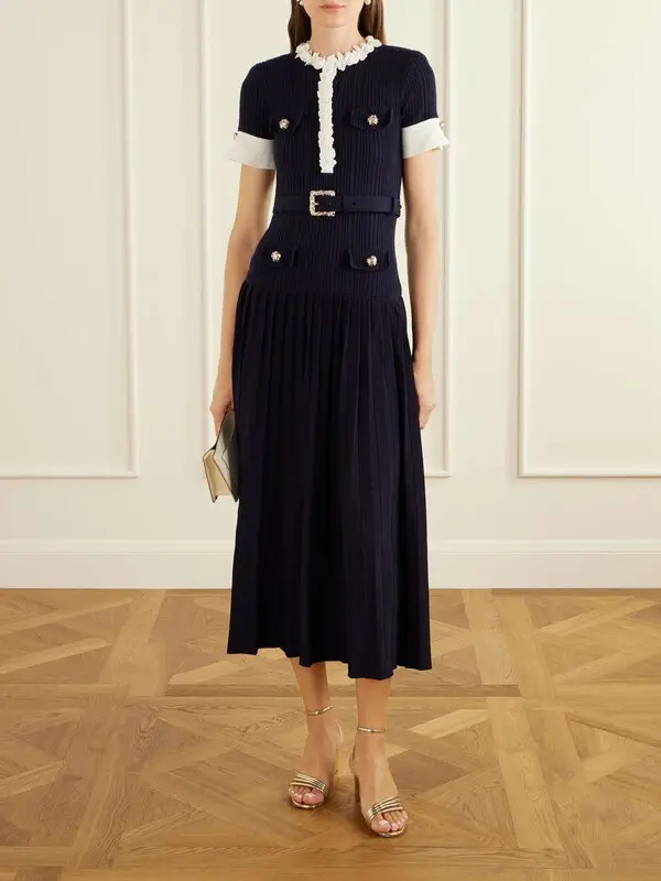 SELF-PORTRAIT Belted Floral-appliquéd Ribbed Midi Dress