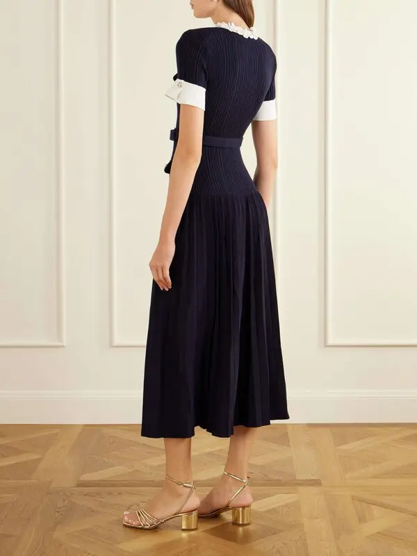 SELF-PORTRAIT Belted Floral-appliquéd Ribbed Midi Dress