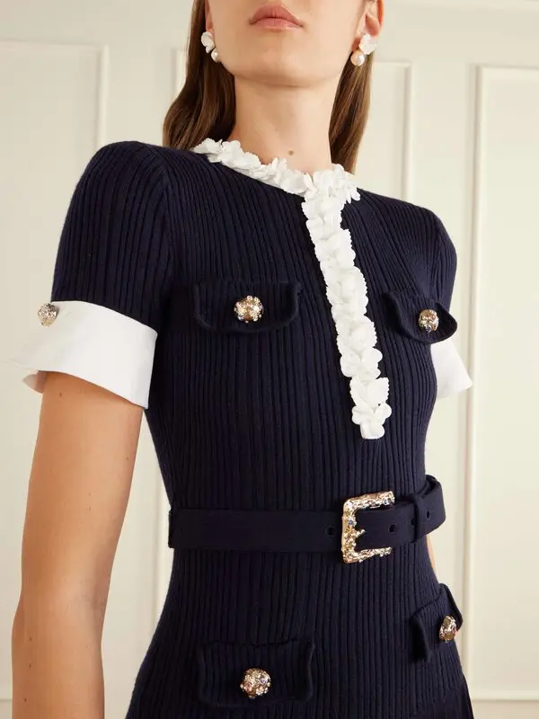 SELF-PORTRAIT Belted Floral-appliquéd Ribbed Midi Dress