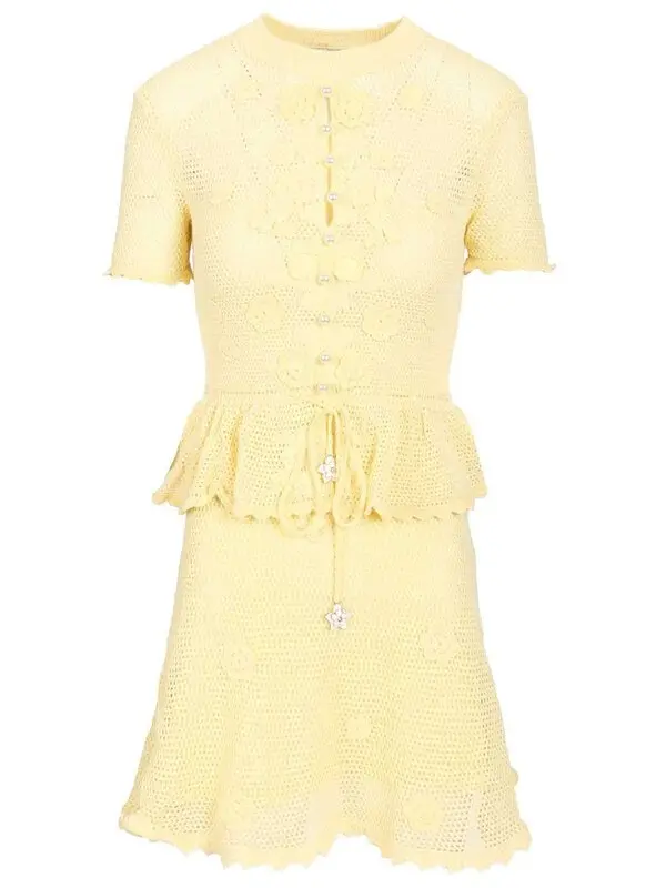 SELF-PORTRAIT Crochet Mini Dress With Floral Motifs And Peplum Waist