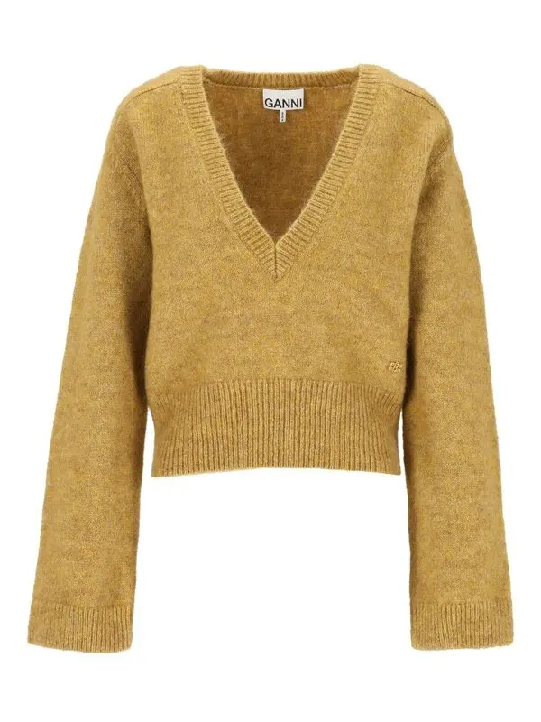 GANNI Melange Mohair Deep V-neck Sweater