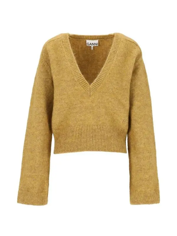 GANNI Melange Mohair Deep V-neck Sweater