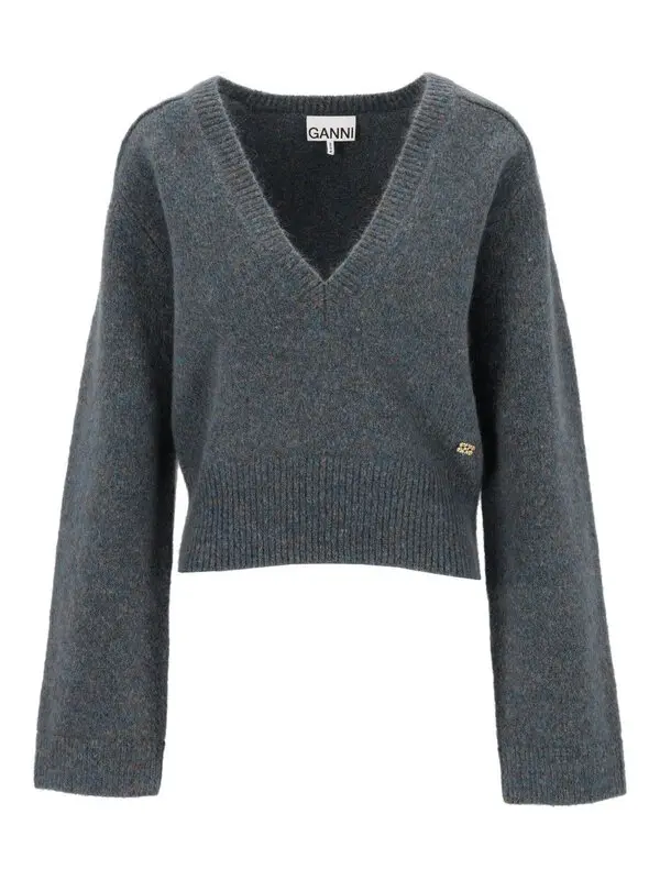 GANNI Melange Mohair Deep V-neck Sweater - Blue
