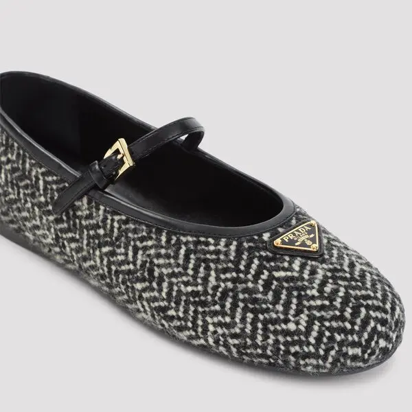 Prada Textured Wool Ballerinas With Mary Jane Strap - White