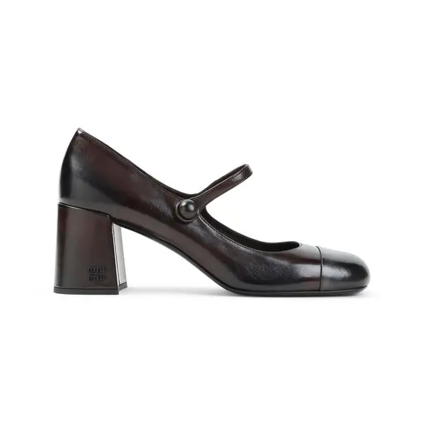 Miu Miu Leather Mary Jane Pumps With Block Heel - Brown