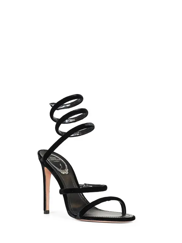 Rene Caovilla Black Velvet Spiral Strap Stiletto Sandals