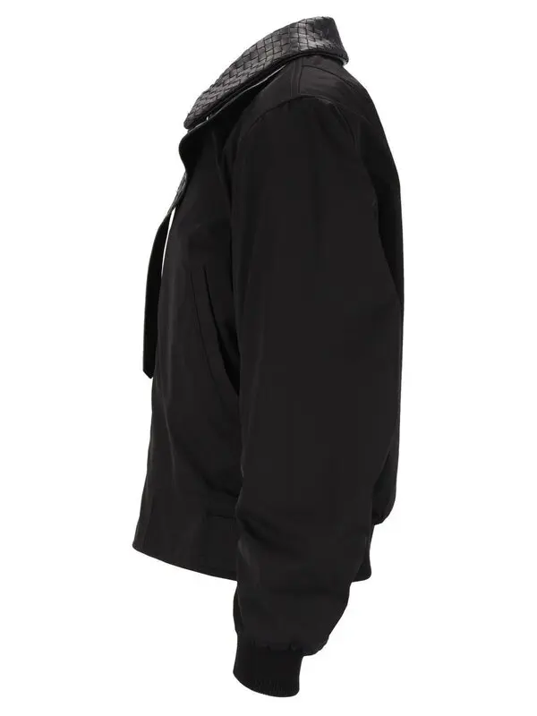 Bottega Veneta Padded Nylon Bomber Jacket With Intrecciato Leather Collar