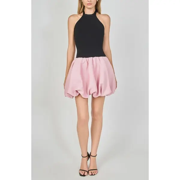Endless Rose Mixed Media Halter Neck Bubble Minidress
