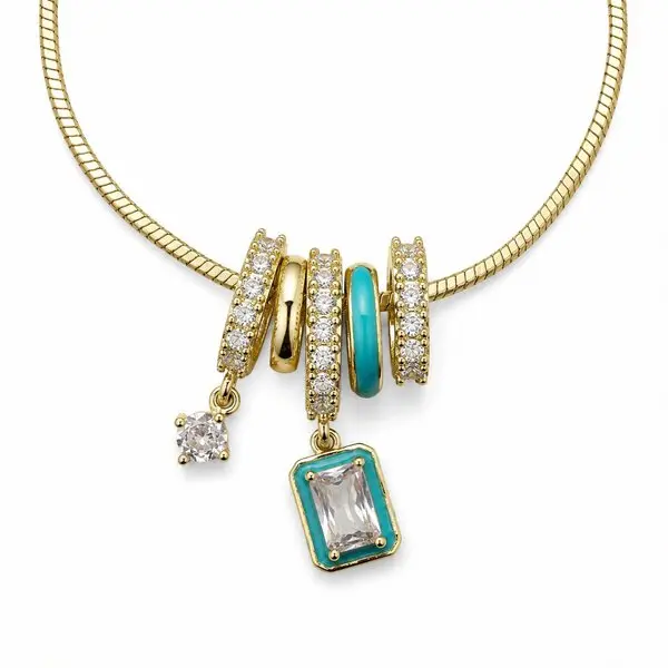 BY OZGE Gold Plated Brass Turquoise Enamel Baguette Cubic Zirconia Charm Necklace - Blue/gold/white