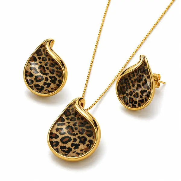 BY OZGE Leopard Enamel Gold Plated Necklace And Stud Earrings Set