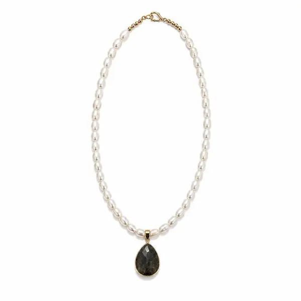 ORIGIN OF HEARTS Neutrals Eclipse Necklace Freshwater Pearl & Labradorite Pendant - Blue/gray/yellow