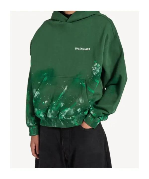 Balenciaga Paint Splatter Medium Fit Hoodie In Bottle Green - Dark Green