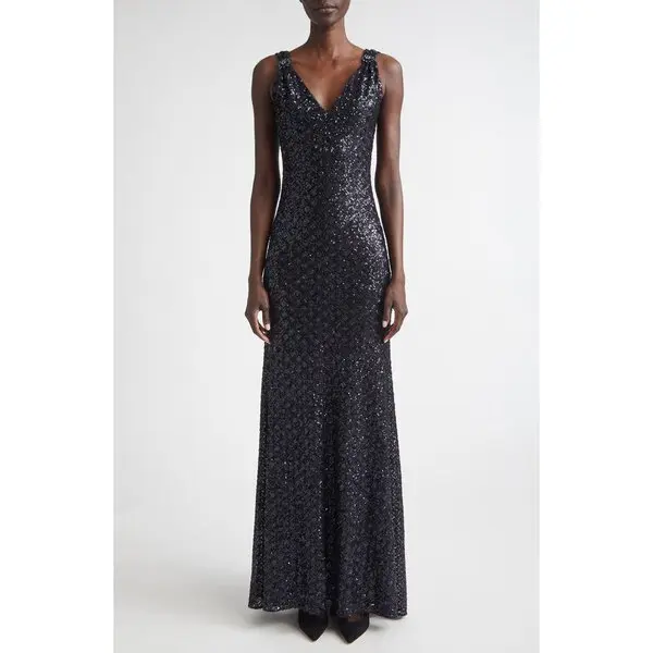 St. John Sequin Embroidered Tulle Gown