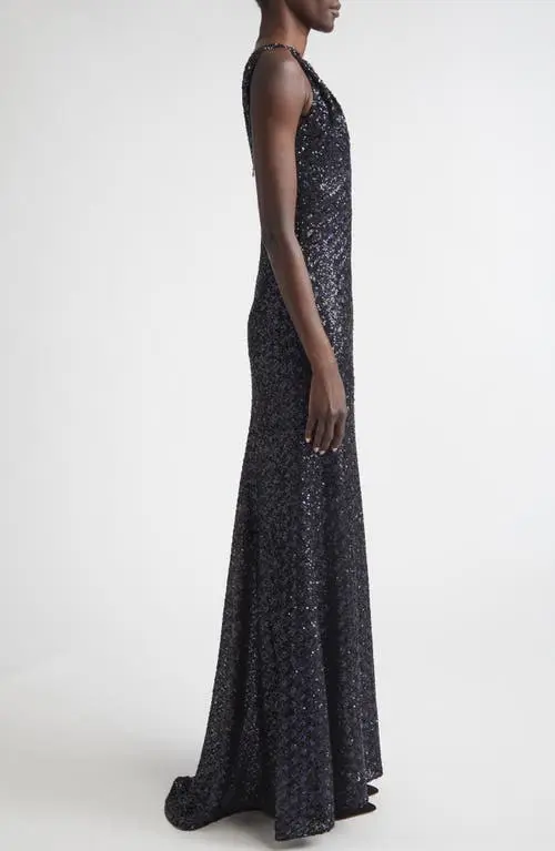 St. John Sequin Embroidered Tulle Gown