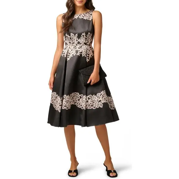 Adrianna Papell Lace Print Mikado Cocktail Dress - Black/ecru
