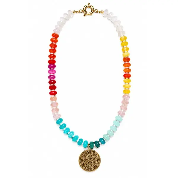 JUNIE Biba Rainbow Gemstone Necklace With Gold-tone Coin Charm - White/yellow
