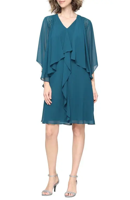 SL FASHIONS Chiffon Sleeveless Dress With Beaded Jacket - Mallard