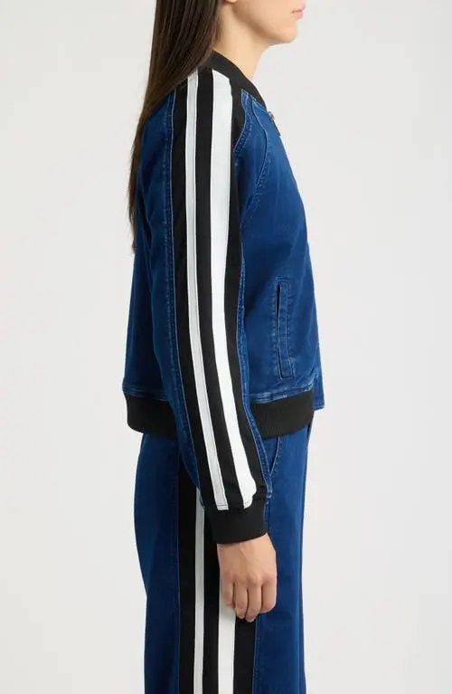 CITY BLUES Athletic Stripe Denim Bomber Jacket