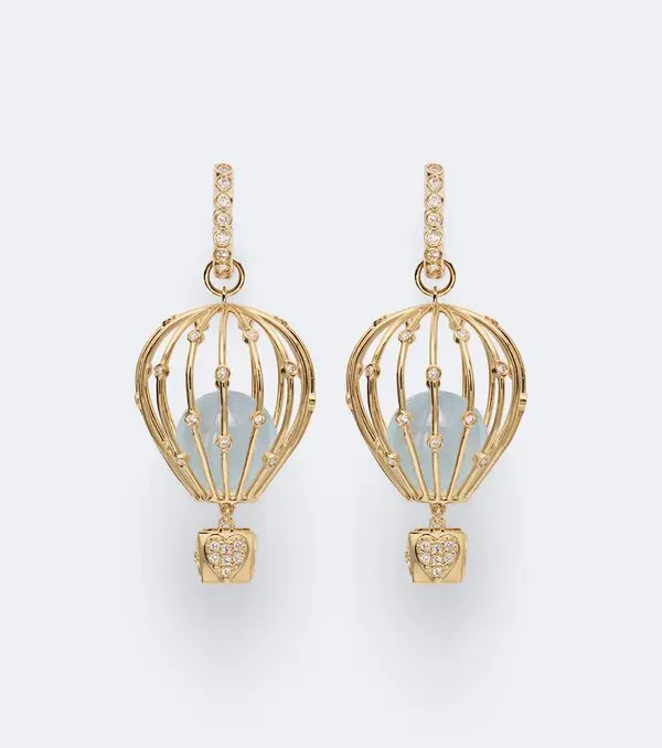 SYDNEY EVAN Hot Air Balloon 14kt Hoop Earrings With Aquamarine And Diamonds - Gold