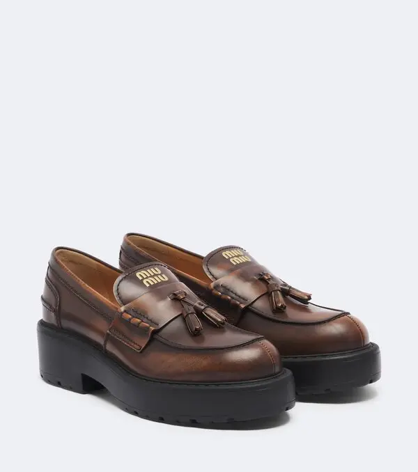 Miu Miu Leather Platform Loafers - Brown