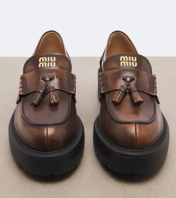 Miu Miu Leather Platform Loafers - Brown