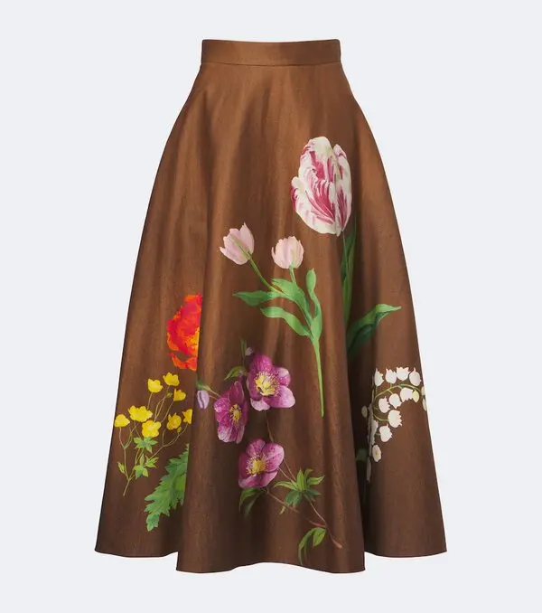 Oscar De La Renta Floral Cotton-blend Midi Skirt - Brown