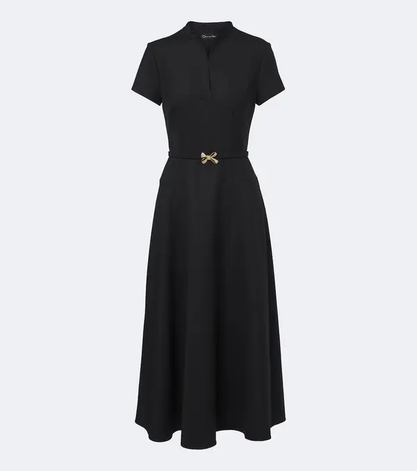 Oscar De La Renta Belted Embellished Wool-blend Midi Dress - Black