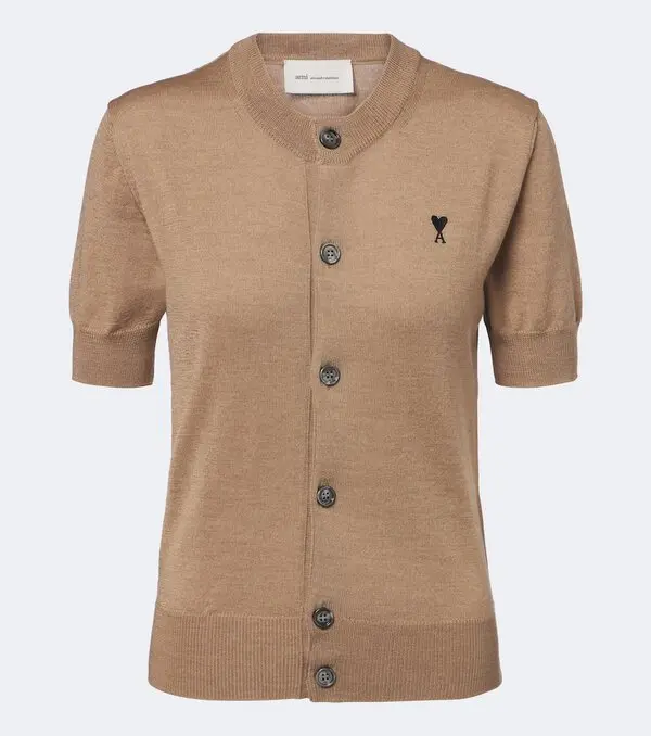 AMI Paris De Coeur Wool Cardigan - Beige