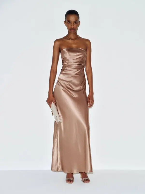 REFORMATION Meshea Silk Strapless Maxi Dress - Brown