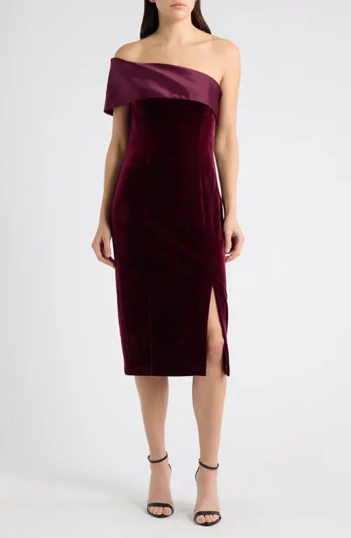 Eliza J Off-the-shoulder Velvet Midi Dress With Satin Detail - Wine