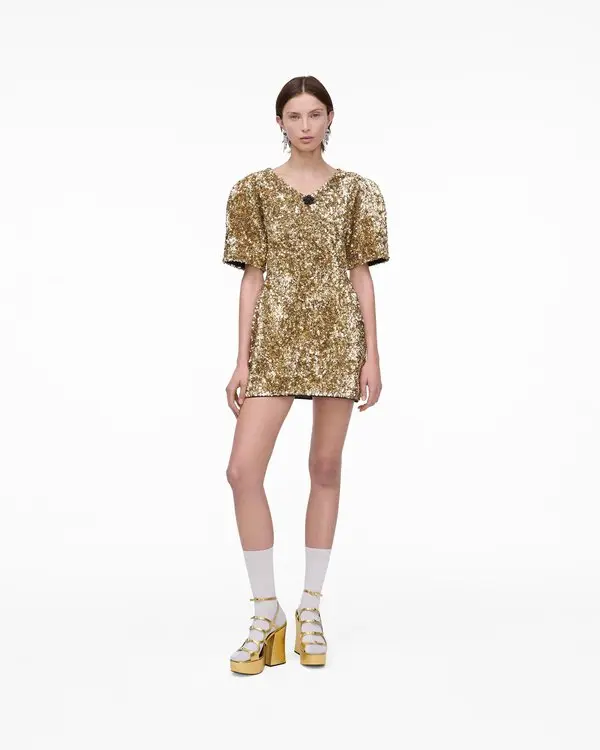 Marc Jacobs Sequin V-neck Knit Dress In Size - Gold