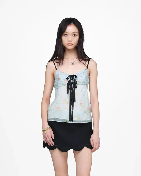 Marc Jacobs Blurred Floral Bow Top In Size - Blue Mist Multi