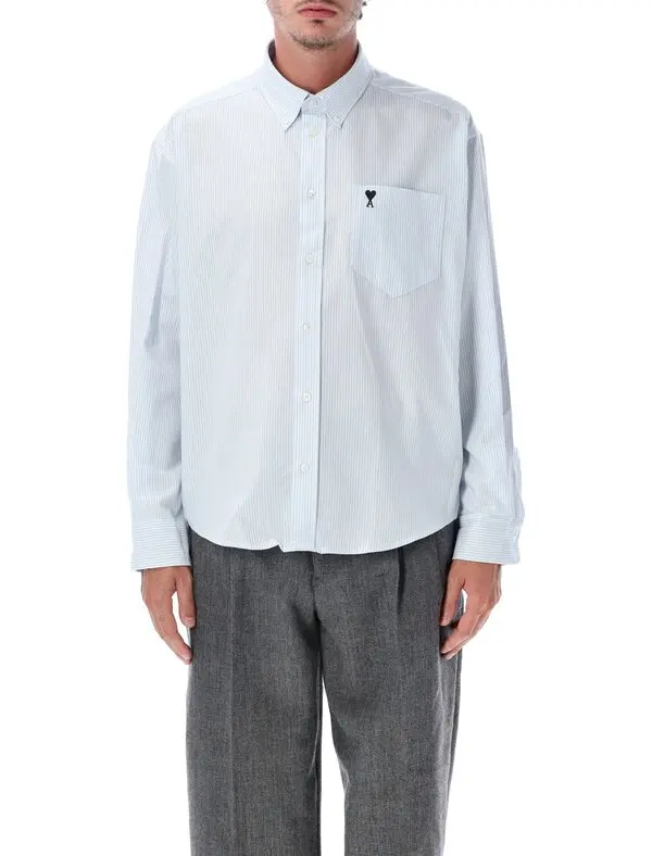AMI Paris Striped Cotton Boxy Fit Shirt With Of Caur Chest Pocket - White Light Blue