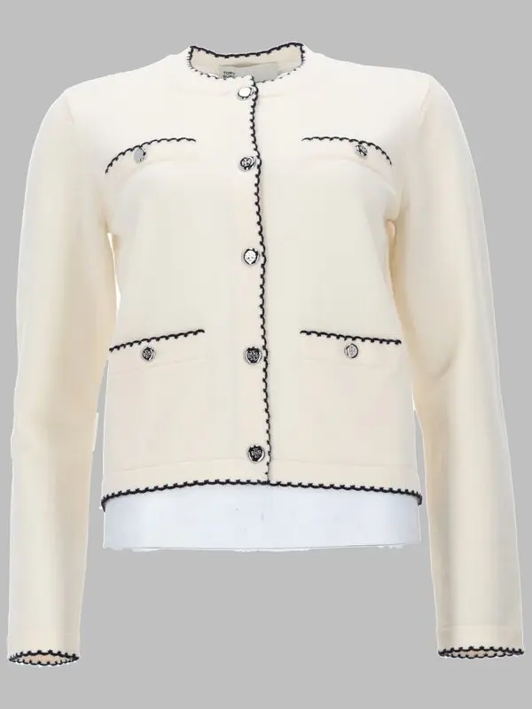 Tory Burch Kendra Wool Cardigan With Serrated Trim - Ivory