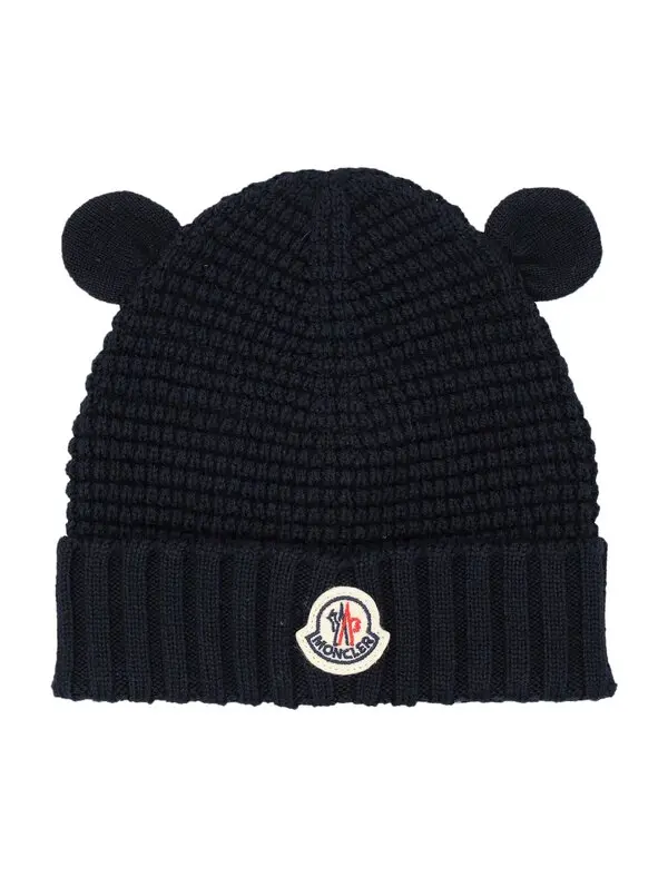 Moncler Mini Baby Virgin Wool Hat With Bear Ears And Ribbed Turn-up Brim