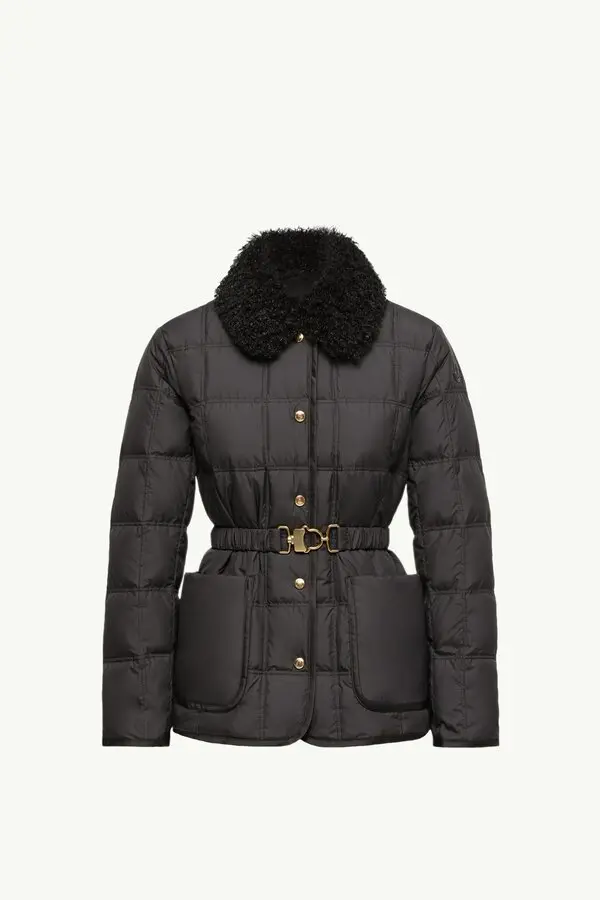 Moncler Cygnes Belted Short Down Jacket With Textured Collar - Black