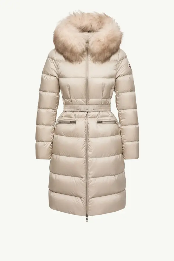 Moncler Boedic Hooded Shearling-trimmed Long Down Jacket - Beige